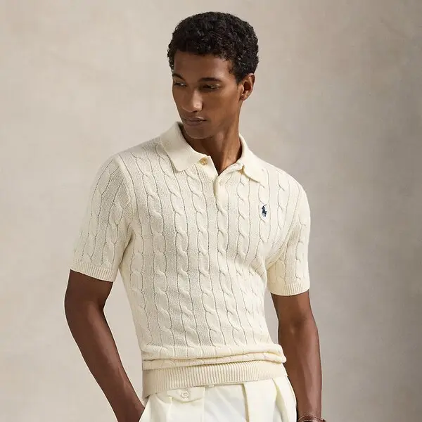 Ralph Lauren Cable-Knit Cotton Polo-Collar Sweater - Andover Cream